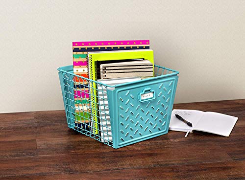 Spectrum Diversified Macklin, Stamped Steel & Wire Basket for Closet & Cubby Storage Vintage-Inspired Design with Customizable Label Plate, Large, Teal