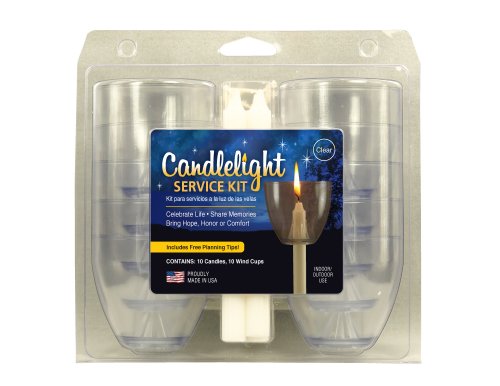 Candlelight Service Kit (Pack of 10) Includes (10) Clear Wind/Drip Cups and (10) .5" X 5.375" Unscented White Candles Made in USA