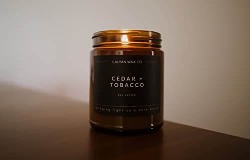 Calyan Wax Soy Wax Candle, Cedar & Tobacco Scented Candle for The Home | Premium Candle with Essential Oils | 7.2 oz 57 Hour Burn | Soy Candle in Amber Glass Jar | Aromatherapy, Gift