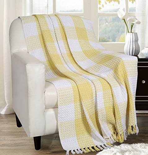 Ramanta Home Buffalo Plaid Cotton Throw Blanket with Fringes 50x60 Inch- Lime Yellow,Cotton Throw for Sofa, Farmhouse Throw,Throw for Couch,Everyday Use,Well Crafted for Durabilty,All Season Blanket