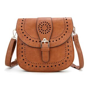 forestfish ladie’s pu leather vintage hollow bag crossbdy bag shoulder bag (brown)