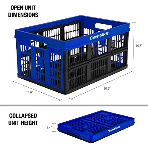 CleverMade 45L Collapsible Storage Bins, Plastic Stackable Grated Wall Utility Containers, CleverCrates Baskets, Royal Blue, 3 Pack