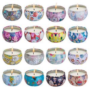 howemon scented candles gift set, natural soy wax portable travel tin candles women gift with strongly fragrance essential oils for stress relief and aromatherapy – 16 pack