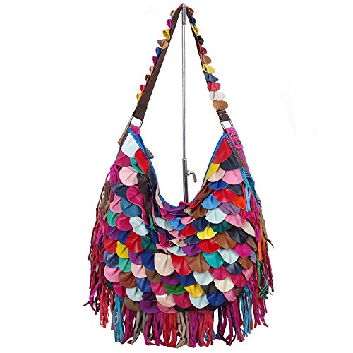 Segater® Women’s Full Sheepskin Hobo Bag Multicolour Patchwork Shoulder Bag 3D Leaf Pattern Colorful Tassel Handbag Purses Multicoloured