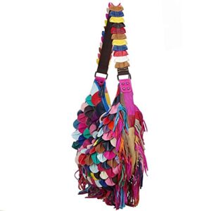 Segater® Women’s Full Sheepskin Hobo Bag Multicolour Patchwork Shoulder Bag 3D Leaf Pattern Colorful Tassel Handbag Purses Multicoloured