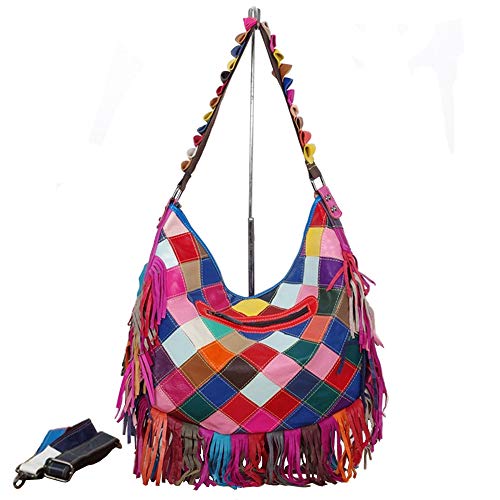 Segater® Women’s Full Sheepskin Hobo Bag Multicolour Patchwork Shoulder Bag 3D Leaf Pattern Colorful Tassel Handbag Purses Multicoloured