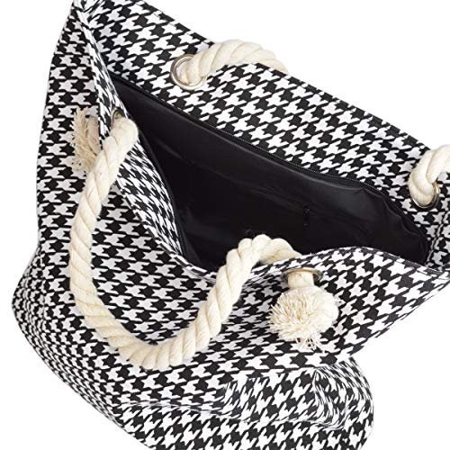 Premium Classic Black White Houndstooth Print Cotton Canvas Tote Shoulder Bag Handbag One Size