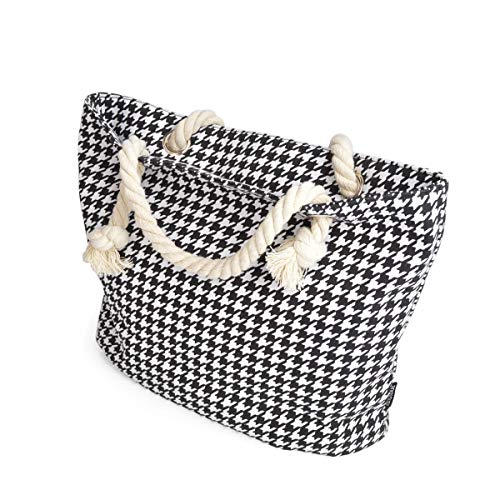 Premium Classic Black White Houndstooth Print Cotton Canvas Tote Shoulder Bag Handbag One Size