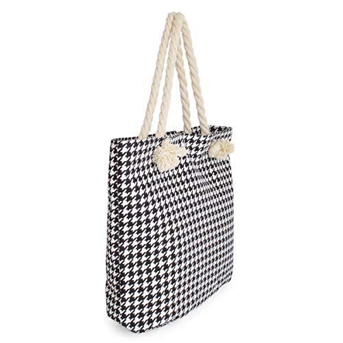 Premium Classic Black White Houndstooth Print Cotton Canvas Tote Shoulder Bag Handbag One Size