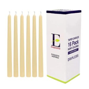 exquizite ivory taper candles – 16 pack unscented dripless taper candles 10 inch x 3/4 inch – perfect tapered candles for home, centerpieces, emergency candle, weddings, parties and special occasions