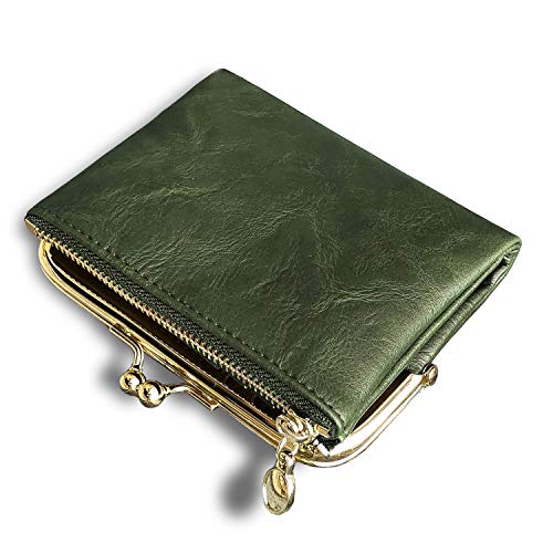 AOXONEL Womens Wallet Small Rfid Ladies Compact Bifold Leather Vintage Coin Purse With Zipper and Kiss Lock (Green)