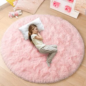 junovo pink round rug 4×4 feet fluffy soft area rugs for kids girls room princess castle plush shaggy carpet cute circle nursery rug for kids girls bedroom baby room home decor circular carpet