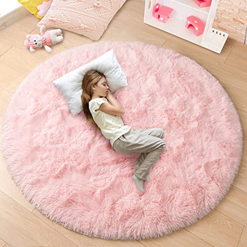 junovo Pink Round Rug 4x4 Feet Fluffy Soft Area Rugs for Kids Girls Room Princess Castle Plush Shaggy Carpet Cute Circle Nursery Rug for Kids Girls Bedroom Baby Room Home Decor Circular Carpet