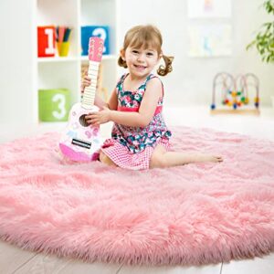 junovo Pink Round Rug 4x4 Feet Fluffy Soft Area Rugs for Kids Girls Room Princess Castle Plush Shaggy Carpet Cute Circle Nursery Rug for Kids Girls Bedroom Baby Room Home Decor Circular Carpet