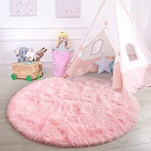 junovo Pink Round Rug 4x4 Feet Fluffy Soft Area Rugs for Kids Girls Room Princess Castle Plush Shaggy Carpet Cute Circle Nursery Rug for Kids Girls Bedroom Baby Room Home Decor Circular Carpet