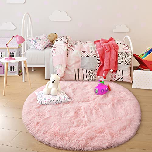 junovo Pink Round Rug 4x4 Feet Fluffy Soft Area Rugs for Kids Girls Room Princess Castle Plush Shaggy Carpet Cute Circle Nursery Rug for Kids Girls Bedroom Baby Room Home Decor Circular Carpet