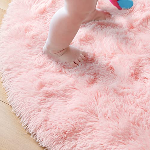 junovo Pink Round Rug 4x4 Feet Fluffy Soft Area Rugs for Kids Girls Room Princess Castle Plush Shaggy Carpet Cute Circle Nursery Rug for Kids Girls Bedroom Baby Room Home Decor Circular Carpet