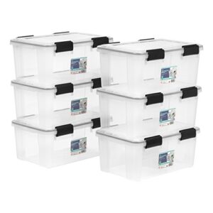 iris usa 19 quart weatherpro plastic storage box with durable lid and seal and secure latching buckles, weathertight, clear with black buckles, 6 pack