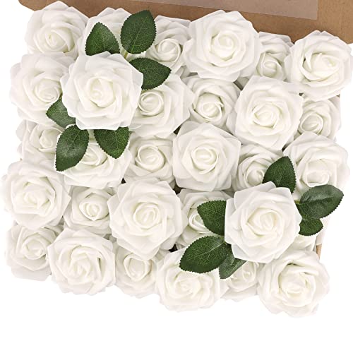 MACTING White Artificial Flowers 30pcs Real Touch Faux Flower Foam Fake Roses with Stems for DIY Wedding Bouquets Centerpieces Floral Arrangements Party Tables Home Decorations