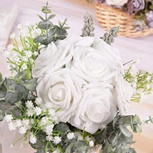 MACTING White Artificial Flowers 30pcs Real Touch Faux Flower Foam Fake Roses with Stems for DIY Wedding Bouquets Centerpieces Floral Arrangements Party Tables Home Decorations