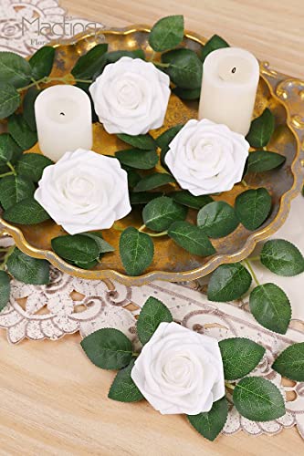 MACTING White Artificial Flowers 30pcs Real Touch Faux Flower Foam Fake Roses with Stems for DIY Wedding Bouquets Centerpieces Floral Arrangements Party Tables Home Decorations