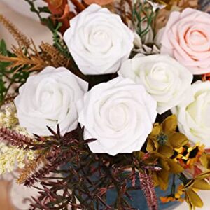 MACTING White Artificial Flowers 30pcs Real Touch Faux Flower Foam Fake Roses with Stems for DIY Wedding Bouquets Centerpieces Floral Arrangements Party Tables Home Decorations