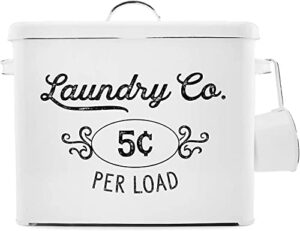 auldhome farmhouse laundry powder container, white enamelware detergent bin with scoop