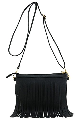 FashionPuzzle Small Fringe Crossbody Bag with Wrist Strap (Black)