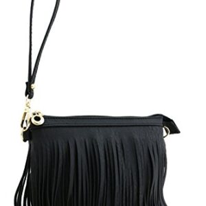 FashionPuzzle Small Fringe Crossbody Bag with Wrist Strap (Black)