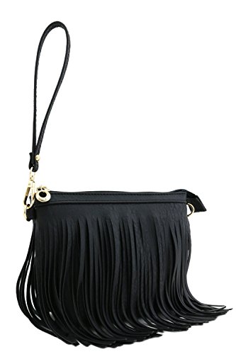 FashionPuzzle Small Fringe Crossbody Bag with Wrist Strap (Black)