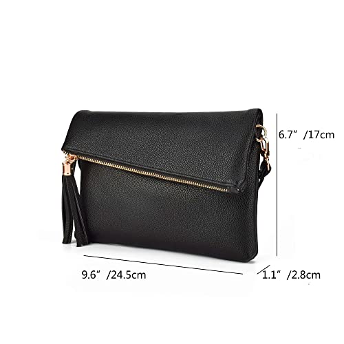 Jiaruo Small Girls Tassel Fold Cover Sling Leather Women Crossbody Bag Handbag Purse (black)