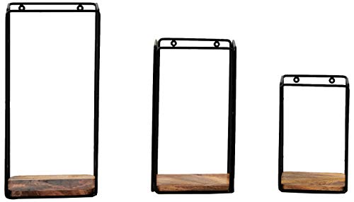 Bloomingville Set of 3 Metal & Mango Wood Wall Shelves, Black