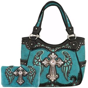 western rhinestone cross laser cut wings tote concealed carry purse handbag women shoulder bag wallet set (turquoise set)