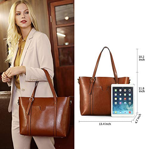 Kattee Genuine Leather Women Tote Bag Soft Handbags Vintage Shoulder Purses Fashion Top Handle Bag Large Capacity(Dark Brown)