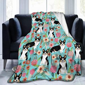 corgi cute black and tan welsh cardigan corgi with florals flowers super soft microfiber fleece throw blanket full body warm & comfortable