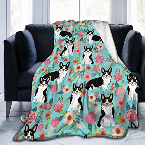 Corgi Cute Black and Tan Welsh Cardigan Corgi with Florals Flowers Super Soft Microfiber Fleece Throw Blanket Full Body Warm & Comfortable