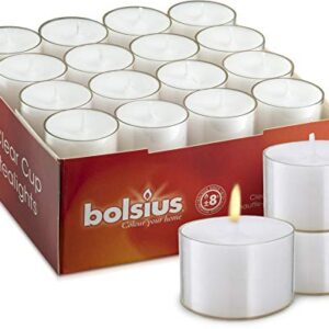 BOLSIUS 48 Unscented Tea Lights in Clear Cups - 8 Burn Hours - Premium European Quality - Consistent Smokeless Flame - 100% Cotton Wick - Dinner, Wedding, Party, Spa, Church, & Home Décor Tealights