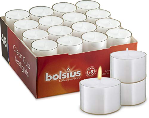 BOLSIUS 48 Unscented Tea Lights in Clear Cups - 8 Burn Hours - Premium European Quality - Consistent Smokeless Flame - 100% Cotton Wick - Dinner, Wedding, Party, Spa, Church, & Home Décor Tealights