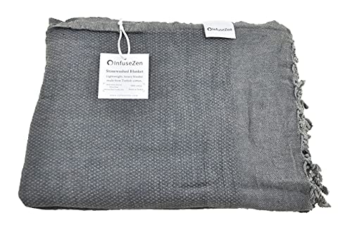 Stonewashed Turkish Throw Blanket in Charcoal Grey/Faded Black, Soft, Cozy and Lightweight, Perfect for Use as a Love Seat or Sofa Throw, Partical Bed Cover, Beach Blanket or Yoga Blanket