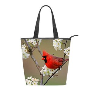 women’s canvas zipper closure handbag red cardinal bird tote bag with large capacity