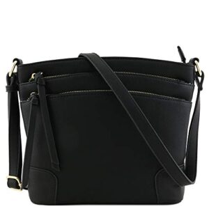 fashionpuzzle triple zipper pocket medium crossbody bag (black)