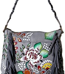 Anna by Anuschka Women's Genuine Leather Medium Fringed Hobo Shoulder bag | Hand Painted Original Artwork | Garden of Eden