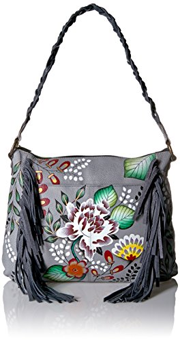 Anna by Anuschka Women's Genuine Leather Medium Fringed Hobo Shoulder bag | Hand Painted Original Artwork | Garden of Eden