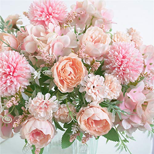 KIRIFLY Artificial Flowers, Fake Peony Silk Hydrangea Bouquet Decor Plastic Carnations Realistic Flower Arrangements Wedding Decoration Table Centerpieces (Light Pink)