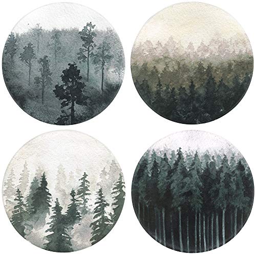 Lahome Forest Pattern Coasters - Round Drinks Absorbent Stone Coaster Set With Ceramic Stone and Cork Base for Kinds of Mugs and Cups (Forest, 4)