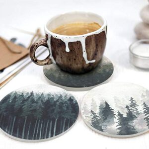 Lahome Forest Pattern Coasters - Round Drinks Absorbent Stone Coaster Set With Ceramic Stone and Cork Base for Kinds of Mugs and Cups (Forest, 4)