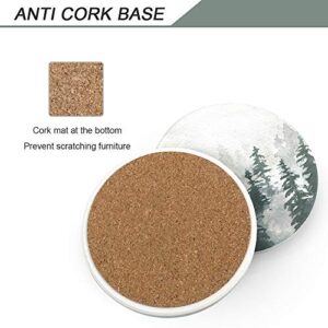 Lahome Forest Pattern Coasters - Round Drinks Absorbent Stone Coaster Set With Ceramic Stone and Cork Base for Kinds of Mugs and Cups (Forest, 4)