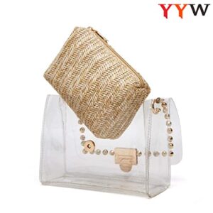 YYW 2 in 1 Clear Purses for Women Clear Clutch Purse, Clear Studded Crossbody Bag Stadium Approved, with Straw Purse