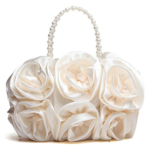 Satin Rose Pure Color Evening Bag Evening Clutches for Women Handbag Purse Wedding Handbags with Pearl Beaded Chain Handle White