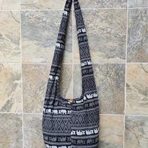 BTP! Ethnic Elephant Sling Crossbody Shoulder Bag Purse Hippie Hobo Thai Cotton Gypsy Bohemian Small (black)